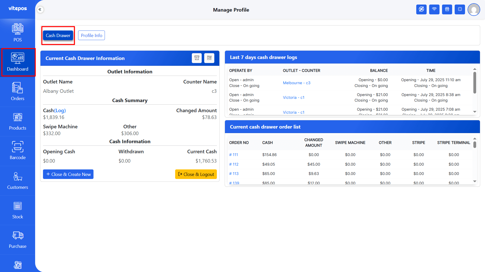 POS dashboard - Vitepos